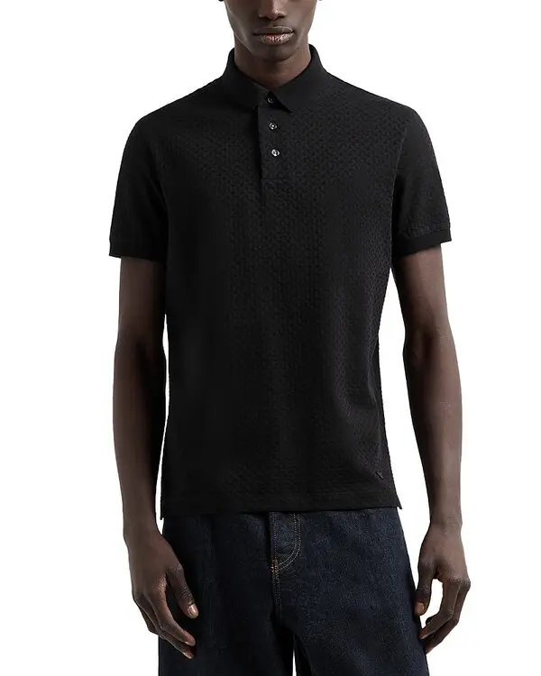 Emporio Armani Textured Cotton Allover Jacquard Motif Polo - Black Beauty