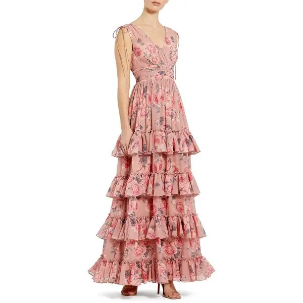 Mac Duggal Floral Chiffon Tiered Gown - Pink Multi