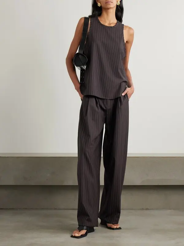 ST. AGNI Distressed Pinstriped Wool-blend Tank - Brown