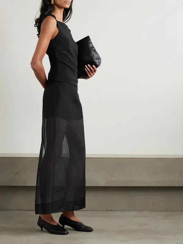ST. AGNI Leather-trimmed Organic Cotton-blend Tulle Maxi Skirt