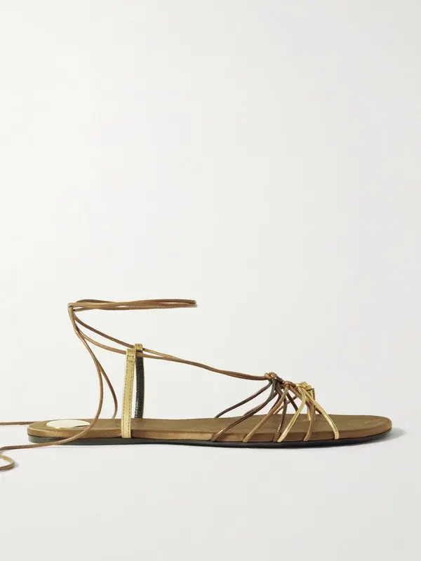 Saint Laurent Babylone Embellished Metallic Leather Sandals - Brown