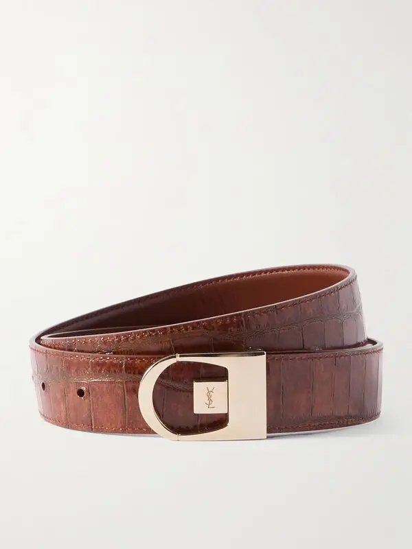 Saint Laurent Croc-effect Leather Belt - Brown