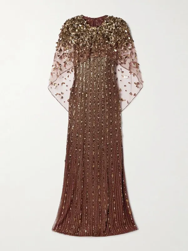 Jenny Packham Nettie Cape-effect Embellished Sequined Tulle Gown - Metallic