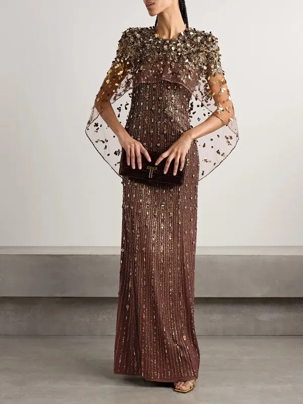 Jenny Packham Nettie Cape-effect Embellished Sequined Tulle Gown - Metallic