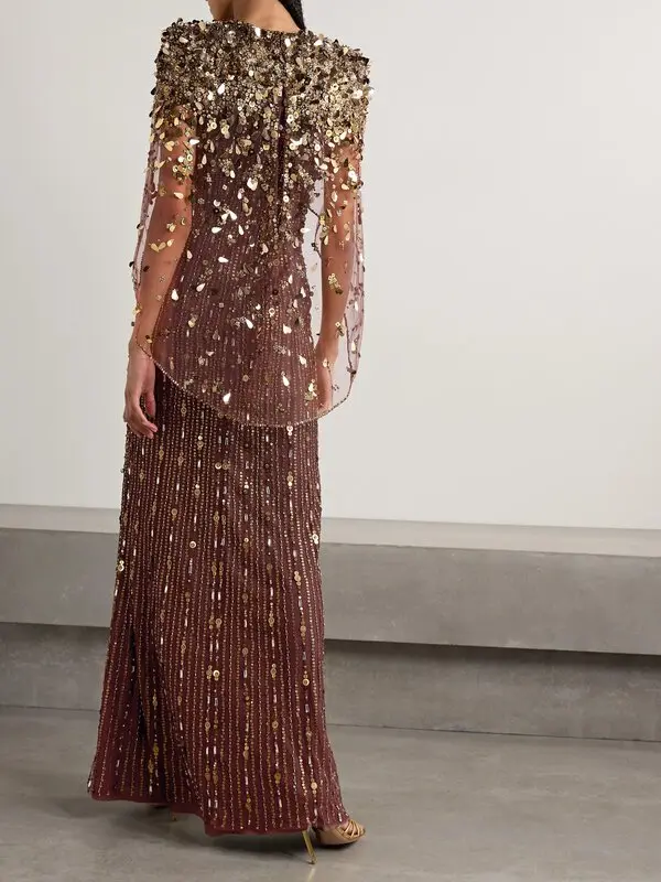 Jenny Packham Nettie Cape-effect Embellished Sequined Tulle Gown - Metallic