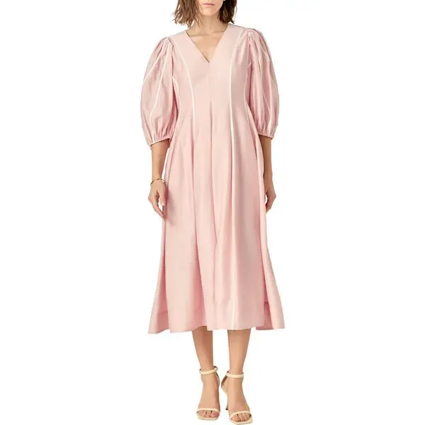 English Factory Contrast Binding Puff Shoulder Midi Dress - Pink