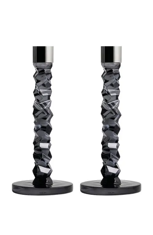 ORREFORS Carat Set Of 2 Medium Crystal & Stainless Steel Candlesticks - Charcoal