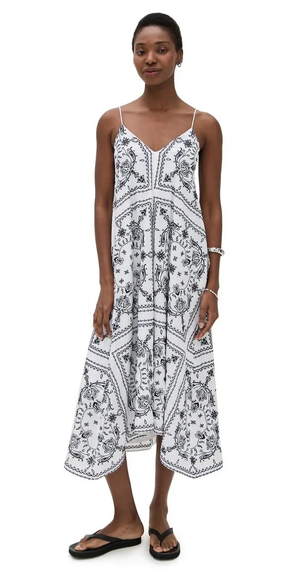 Madewell Embroidered Deep V-Neck Midi Dress In White With Navy Bandana Emb  - 50% Off | Editorialist