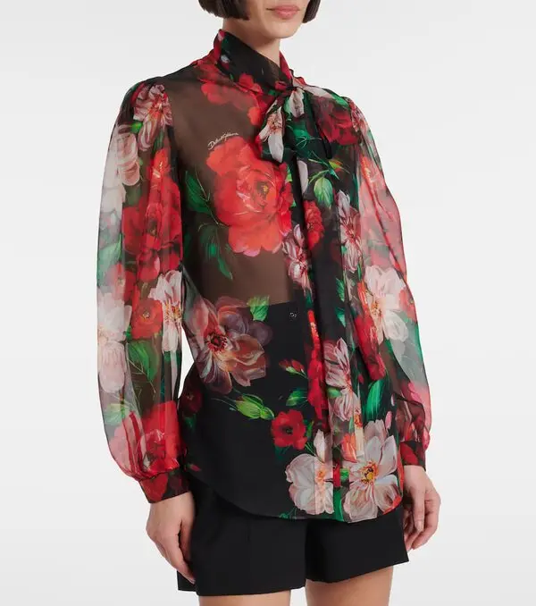 Dolce & Gabbana Floral Silk Organza Tie-neck Blouse - Multicoloured