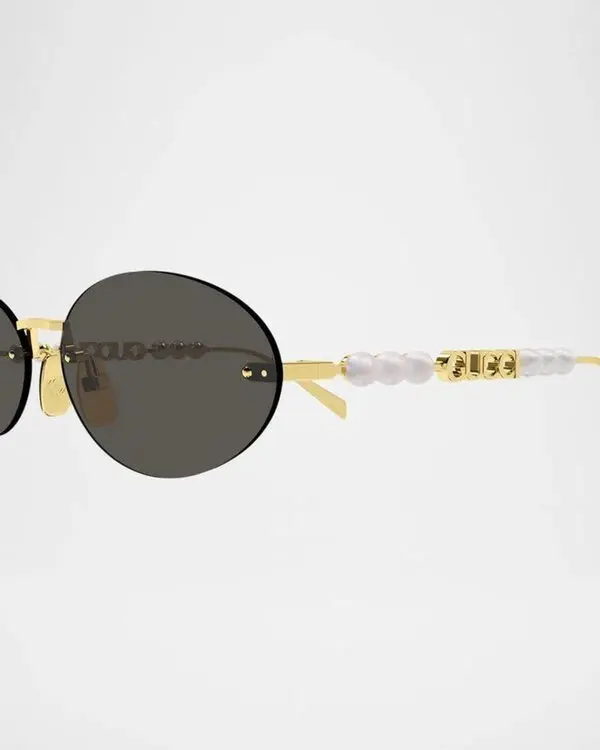Gucci Rimless Metal Oval Sunglasses With Faux Pearls - Gold