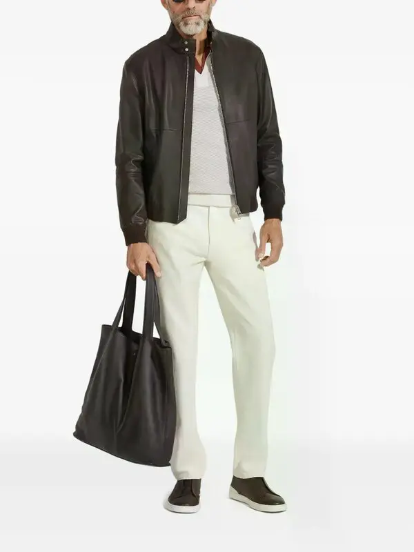 Zegna Leather Bomber Jacket - Brown