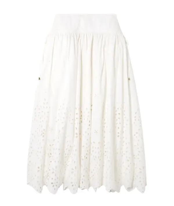 SELF-PORTRAIT Embellished Broderie Anglaise Cotton Midi Skirt - White