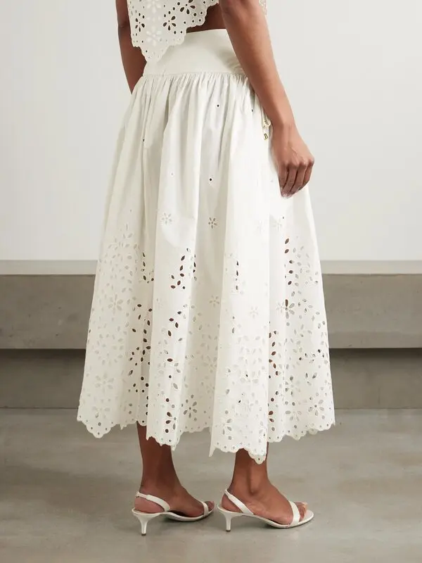 SELF-PORTRAIT Embellished Broderie Anglaise Cotton Midi Skirt - White