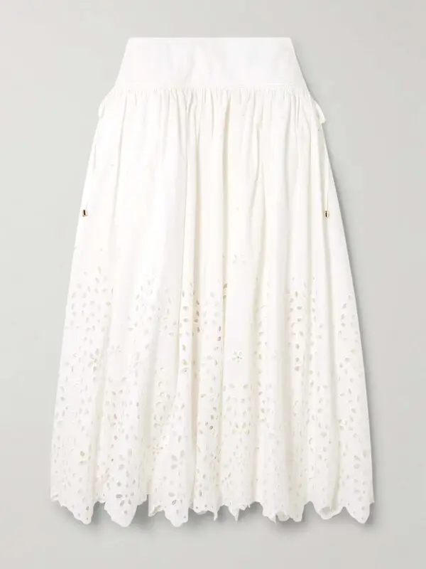 SELF-PORTRAIT Embellished Broderie Anglaise Cotton Midi Skirt - White