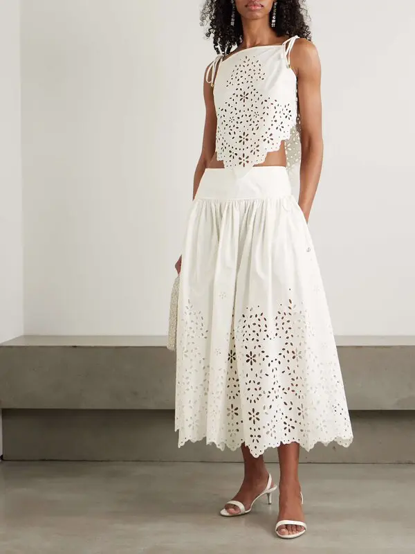 SELF-PORTRAIT Embellished Broderie Anglaise Cotton Midi Skirt - White