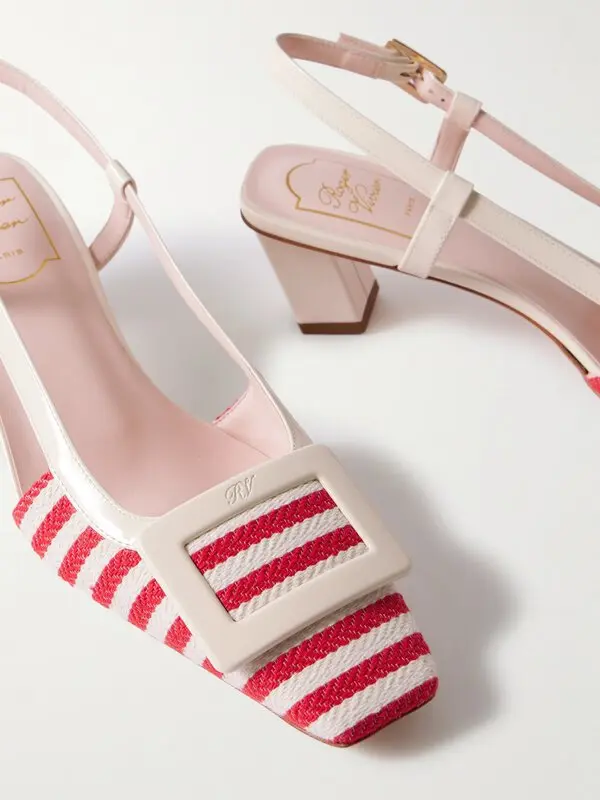 ROGER VIVIER Belle Vivier 45 Patent-leather Trimmed Striped Canvas Slingback Pumps - Pink