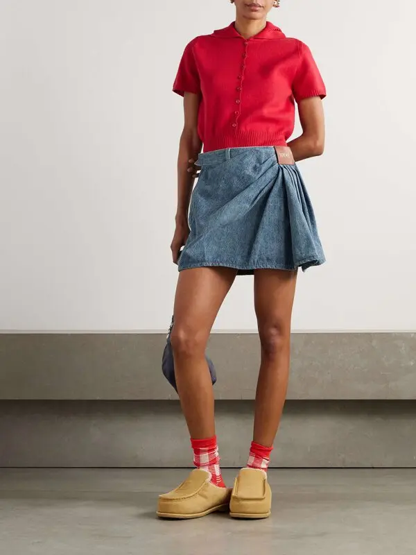 Loewe Leather-trimmed Draped Denim Mini Skirt