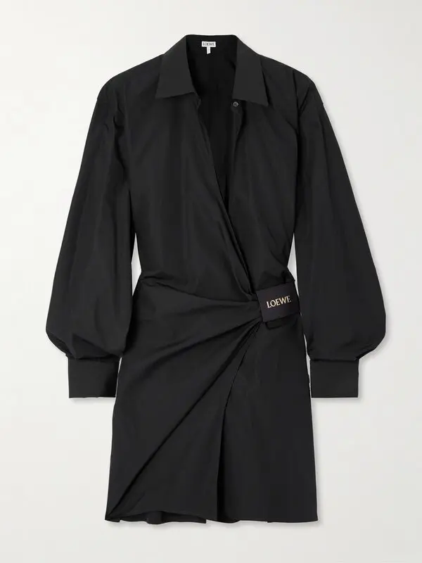 Loewe Wrap-Effect Draped Cotton-Poplin Mini Shirt Dress With Leather Trim  In Black - 40% Off | Editorialist
