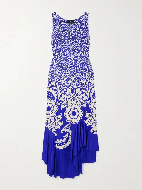 Etro Asymmetric Printed Jersey Maxi Dress - Blue