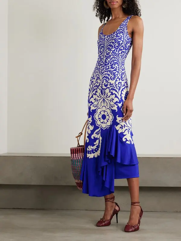 Etro Asymmetric Printed Jersey Maxi Dress - Blue