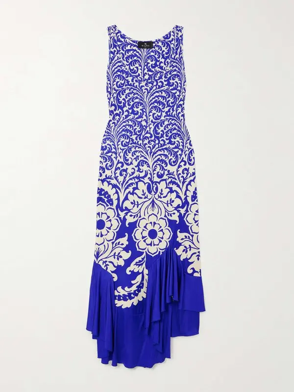 Etro Asymmetric Printed Jersey Maxi Dress - Blue