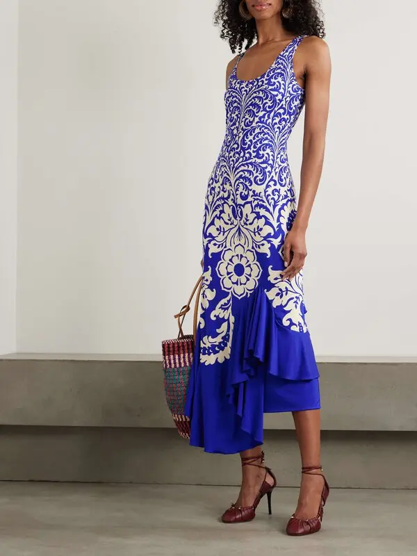 Etro Asymmetric Printed Jersey Maxi Dress - Blue