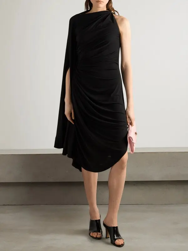 Bottega Veneta Asymmetric Cape-effect Embellished Draped Jersey Dress - Black