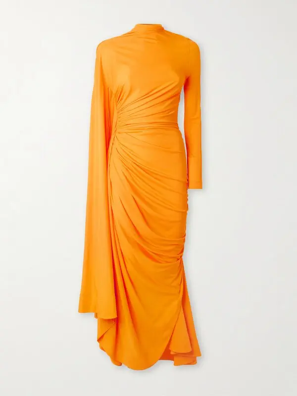 Bottega Veneta Draped Gathered Jersey Maxi Dress - Orange