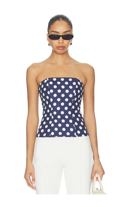 MORE TO COME Tina Corset Top - Navy & White Polka Dot