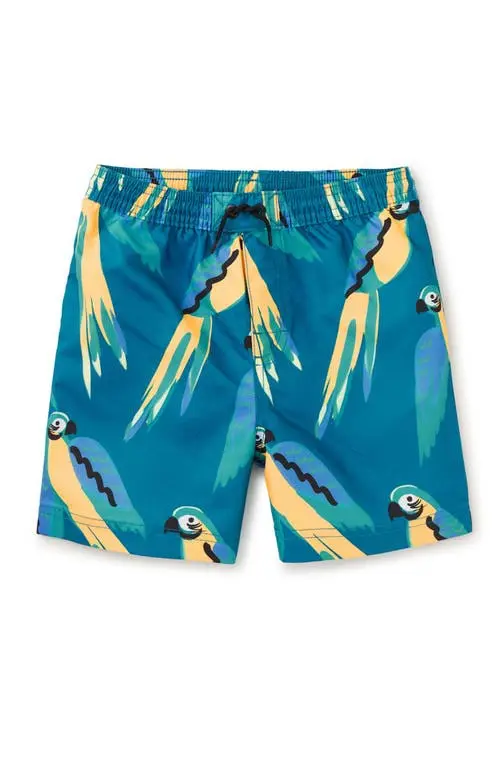 TEA COLLECTION Mid-length Printed Swim Trunks 3.0 - Blue & Yellow Macaws