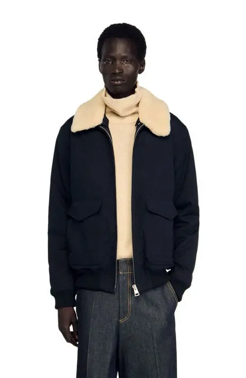 Sandro Shearling Collar Aviator Jacket - Navy Blue