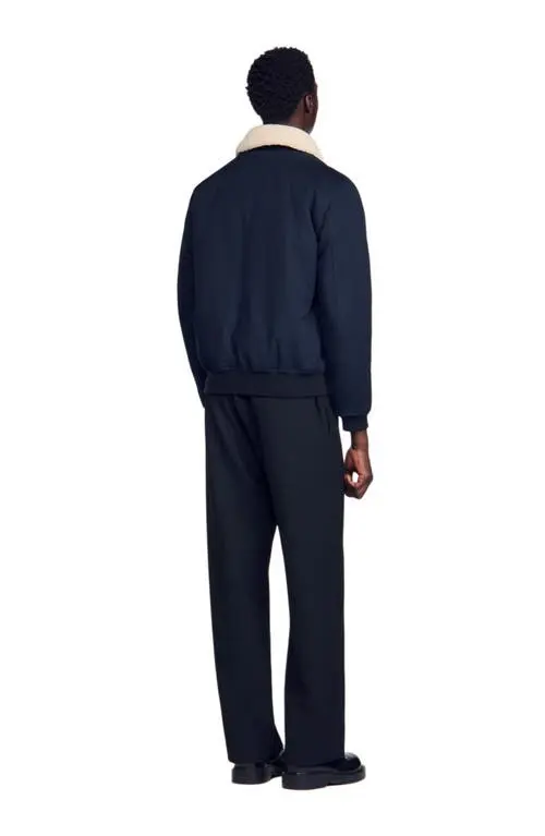 Sandro Shearling Collar Aviator Jacket - Navy Blue