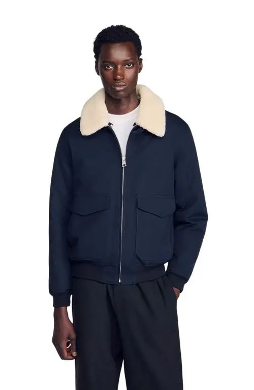 Sandro Shearling Collar Aviator Jacket - Navy Blue
