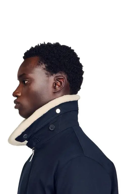 Sandro Shearling Collar Aviator Jacket - Navy Blue