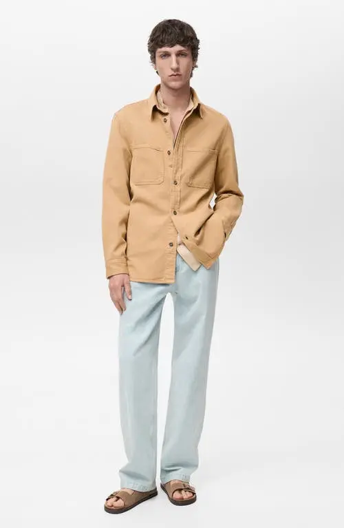 Mango Regular Fit Lyocell & Cotton Button-up Overshirt - Beige