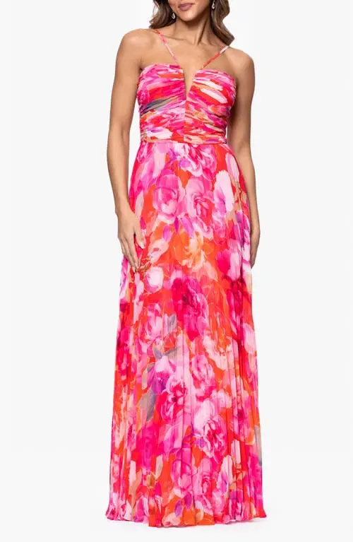XSCAPE EVENINGS Floral Pleated Chiffon Gown