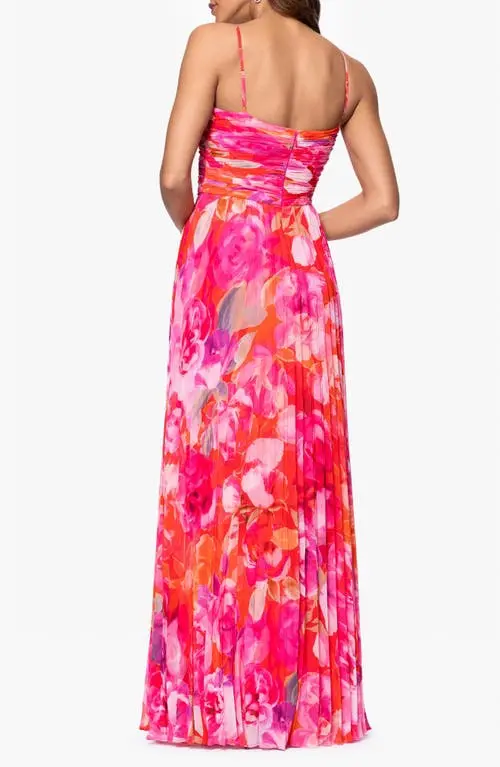 XSCAPE EVENINGS Floral Pleated Chiffon Gown