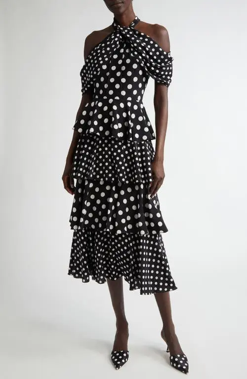 Carolina Herrera Polka Dot Halter Neck Tiered Midi Dress In Black/ Ivory -  80% Off | Editorialist