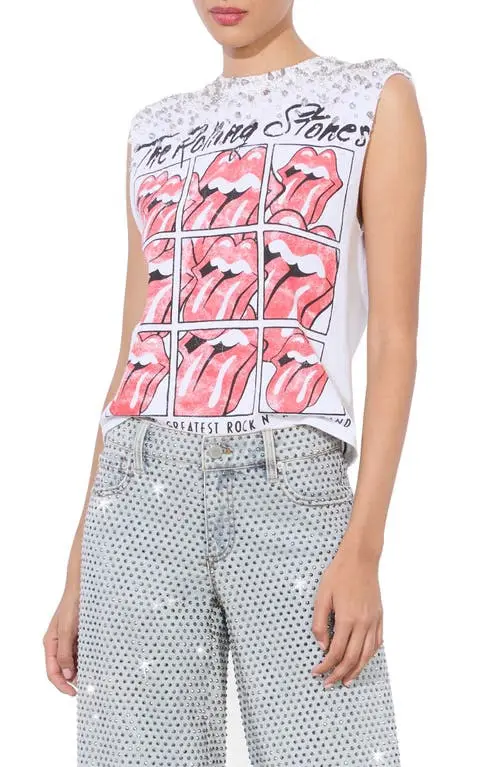 Alice + Olivia Micah Crystal Detail Rolling Stones Graphic Muscle T-shirt