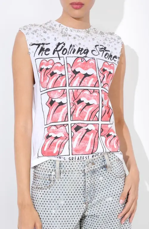 Alice + Olivia Micah Crystal Detail Rolling Stones Graphic Muscle T-shirt