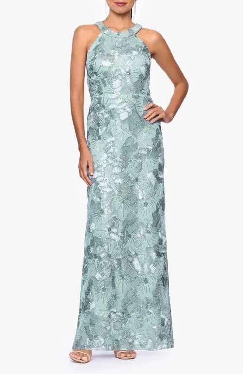 Betsy & Adam Sequin Floral Gown - Sage