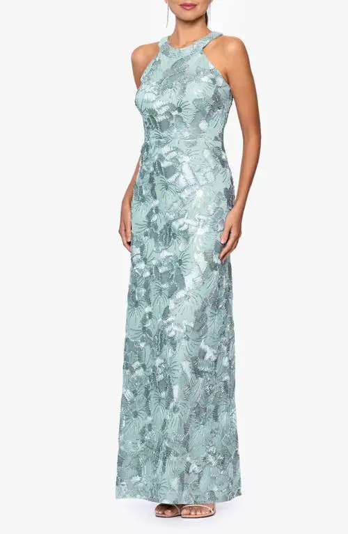 Betsy & Adam Sequin Floral Gown - Sage