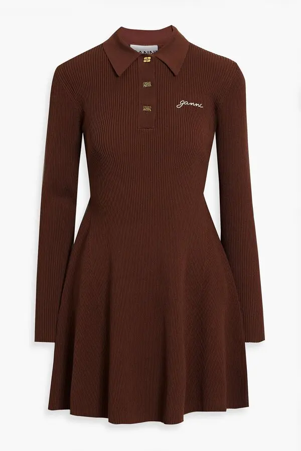 Ganni Ribbed-Knit Mini Shirt Dress In Brown - 60% Off | Editorialist