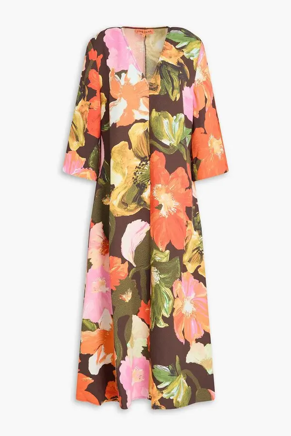 Stine Goya Vic Floral-print Seersucker Midi Dress - Orange