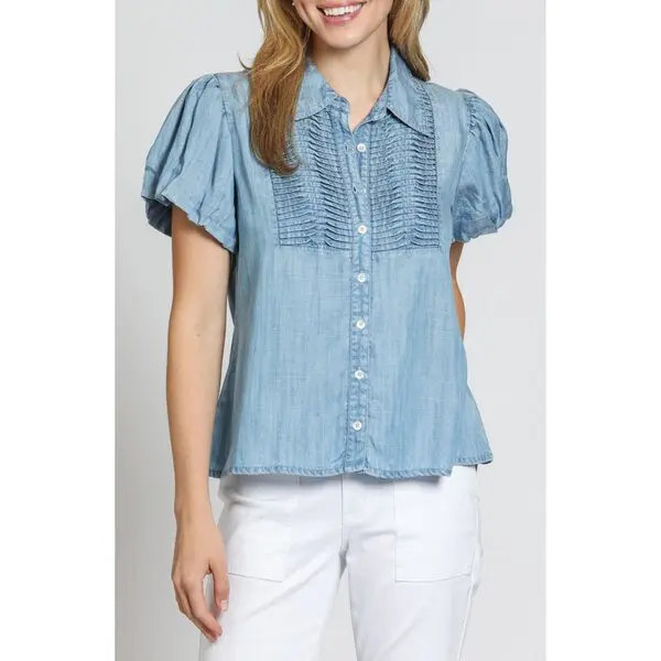 APNY Pintuck Accent Puff Sleeve Shirt - Light Indigo