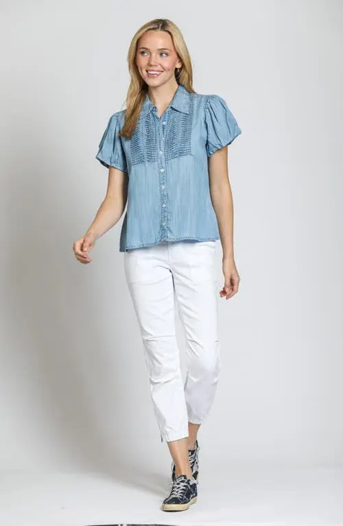 APNY Pintuck Accent Puff Sleeve Shirt - Light Indigo