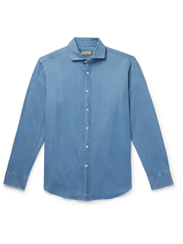 Canali Spread-collar Cotton-chambray Shirt - Blue