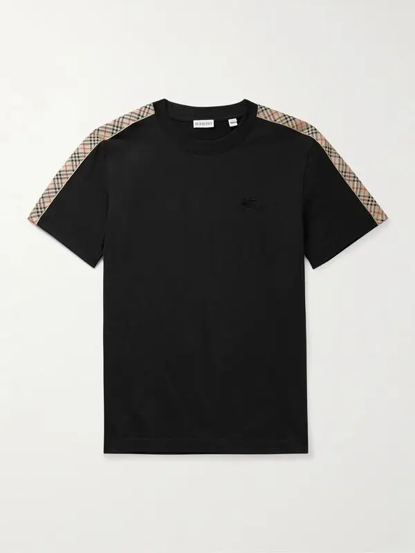 Burberry Logo-embroidered Checked Jacquard-trimmed Cotton-jersey T-shirt - Black