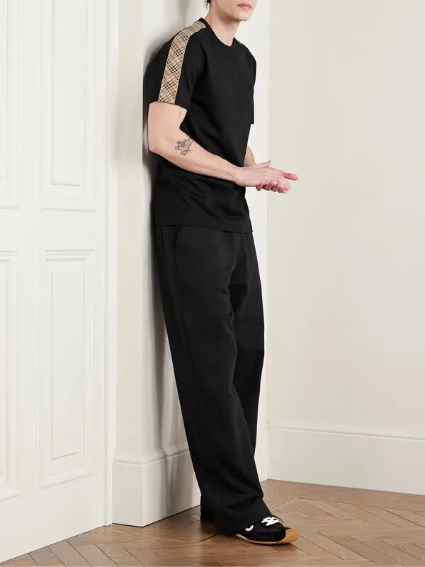 Burberry Logo-embroidered Checked Jacquard-trimmed Cotton-jersey T-shirt - Black