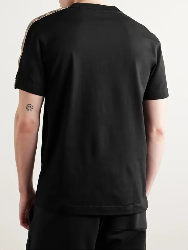 Burberry Logo-embroidered Checked Jacquard-trimmed Cotton-jersey T-shirt - Black